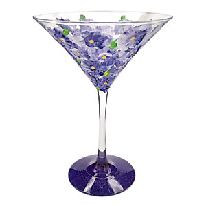 Purple Flowers Hand Painted Martini Glass - Sparkly Purple, Pretty Flower Cocktail Glass