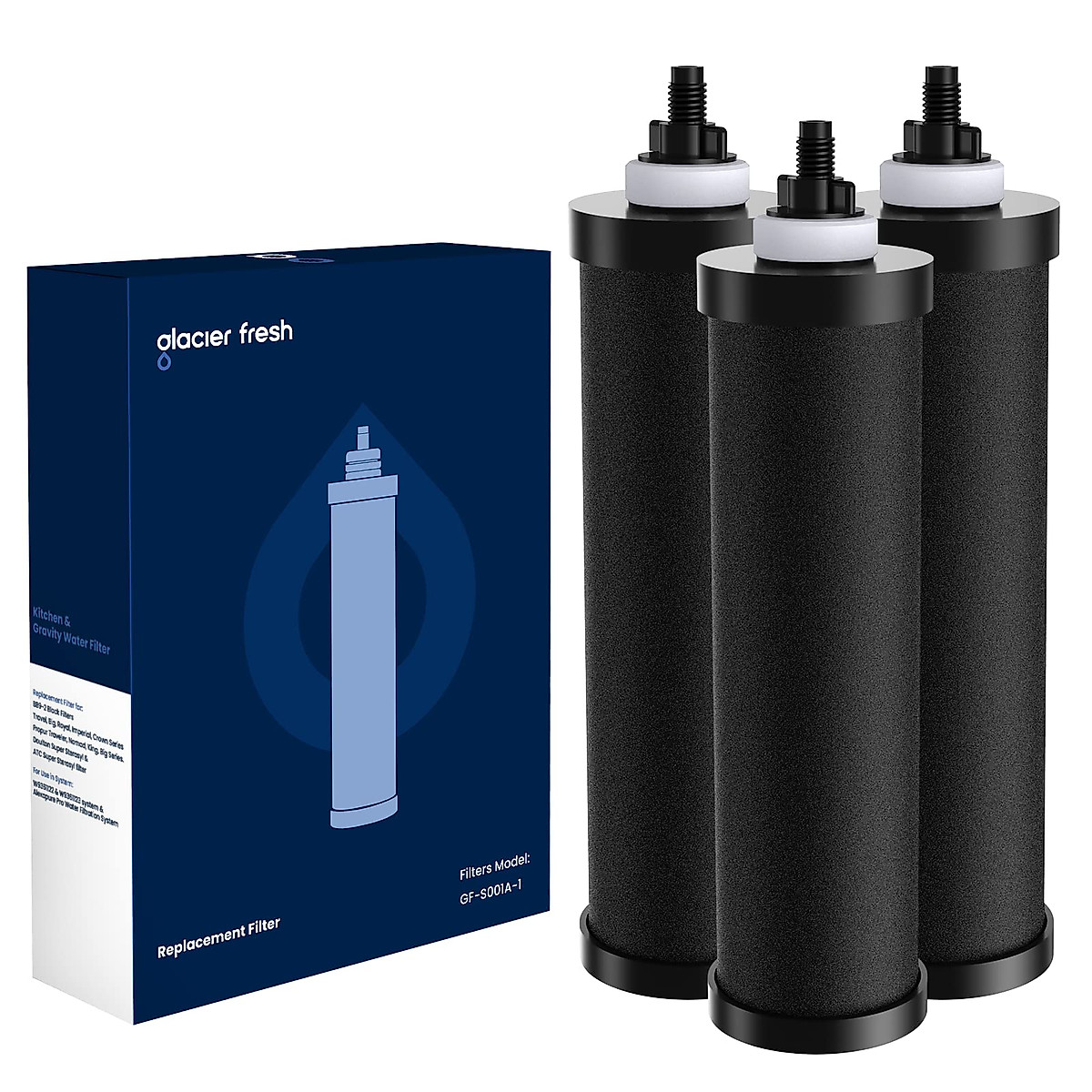 GLACIER FRESH for BB9-2 Black Purification Water Filter, Replacement for Berkey® BB9-2 Black Filters and Berkey® Gravity Water Filter System, 3 Pack