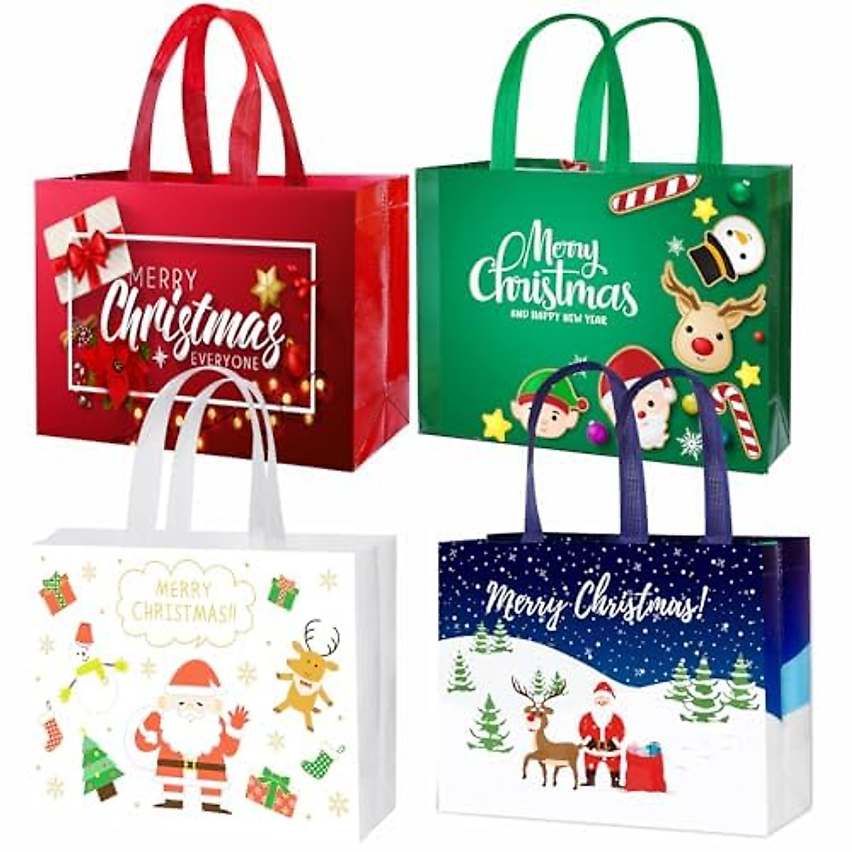 12 Pack Reusable Christmas Tote Bags - Non-Woven Shopping Bags with Handles for Gifts, Treats, Wrapping - 12.6'' x 9.8'' x 4.5''
