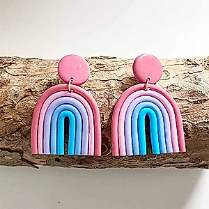 Clay Rainbow Dangle Earrings, Colorful Pink Resin U Fan Shape Round Hoop Earrings for Women VSCO Y2K Style Jewelry Gift-pink blue