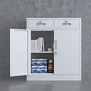 JINGUR Metal Storage Cabinet with Locking Doors and 2 Drawers, Lockable Storage Cabinets with Adjustable Shelf for Home Office and Garage (White)