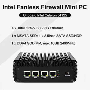 MOGINSOK 4X 2.5GbE Intel I225-V Ethernet Firewall Appliance Mini PC, Intel Celeron J4125 AES-NI VPN Router PC HDMI VGA 4GB RAM 64GB MSATA SSD