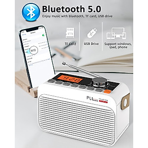 Greadio Portable Shortwave Radio with Bluetooth 5.0, Rechargeable AM FM Radio with Best Reception, TF/SD/USB Port,5W Loud Speaker,White Noise,Alarm Clock,LED Display,Earphone Jack,for Home,Office,Gift