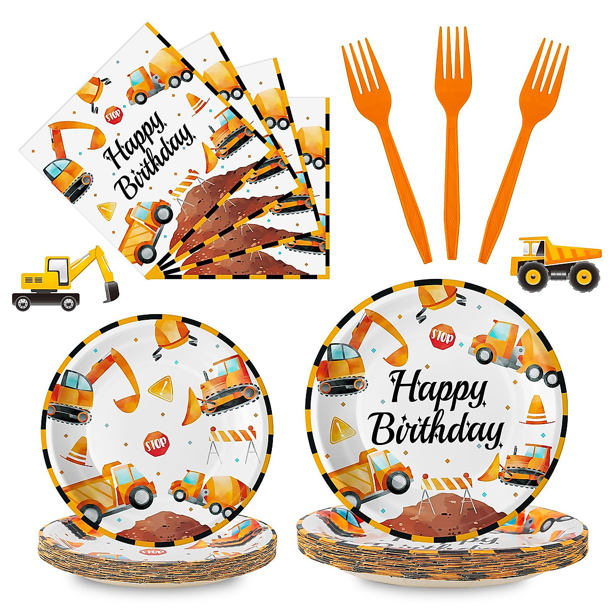 100 Pcs Construction Birthday Party Supplies - Construction Themed Plates and Napkins Forks Set, Disposable Dump Truck Tableware for Boys Kids Birthday Party Decorations Favors, Serve 25 Guests