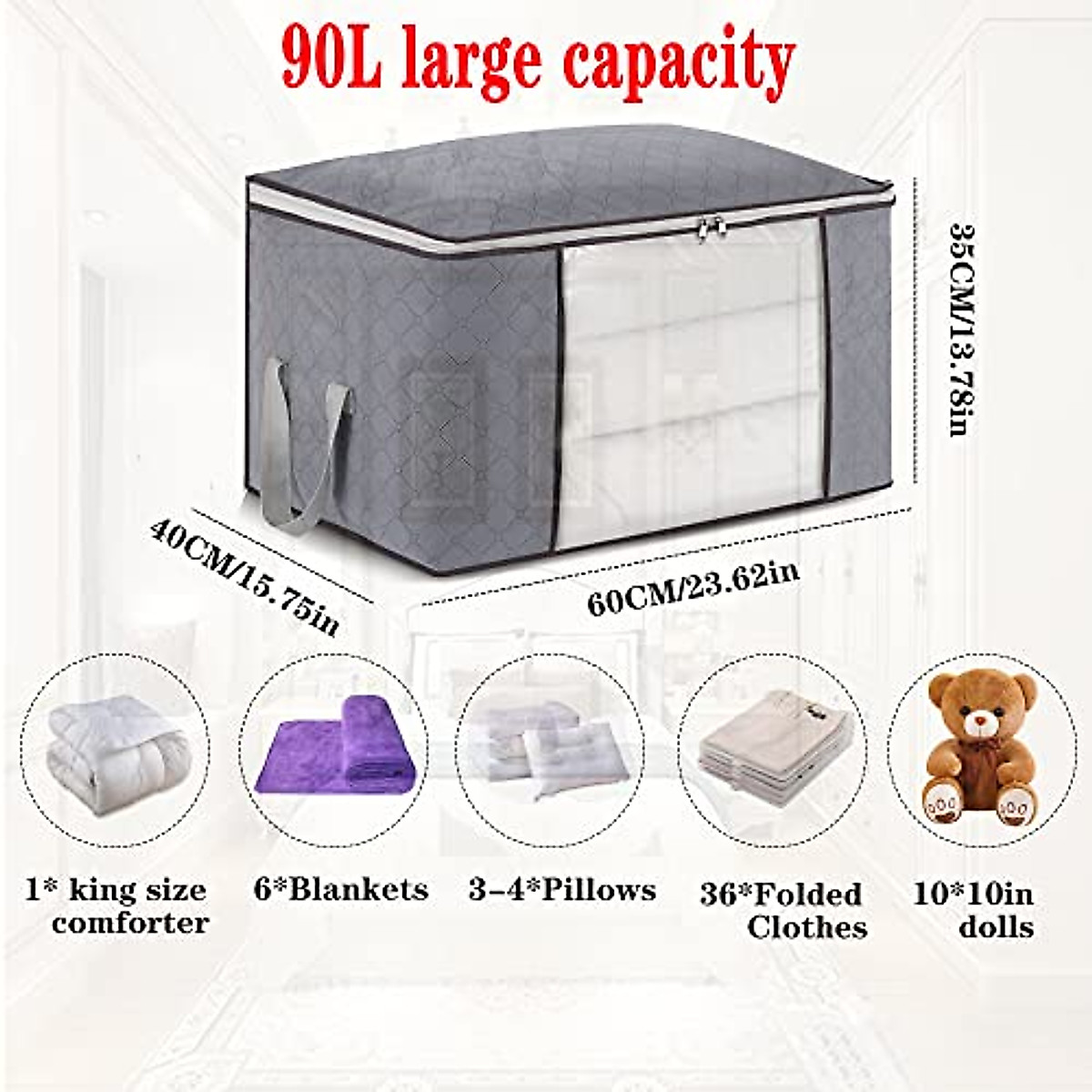 LRIFUE Large Clothing Storage Bags 90L Clothes Storage Bag,Foldable Clothing Storage Halloween Bags with Zippers, 3PACK Clothes Bags for Storage, Grey