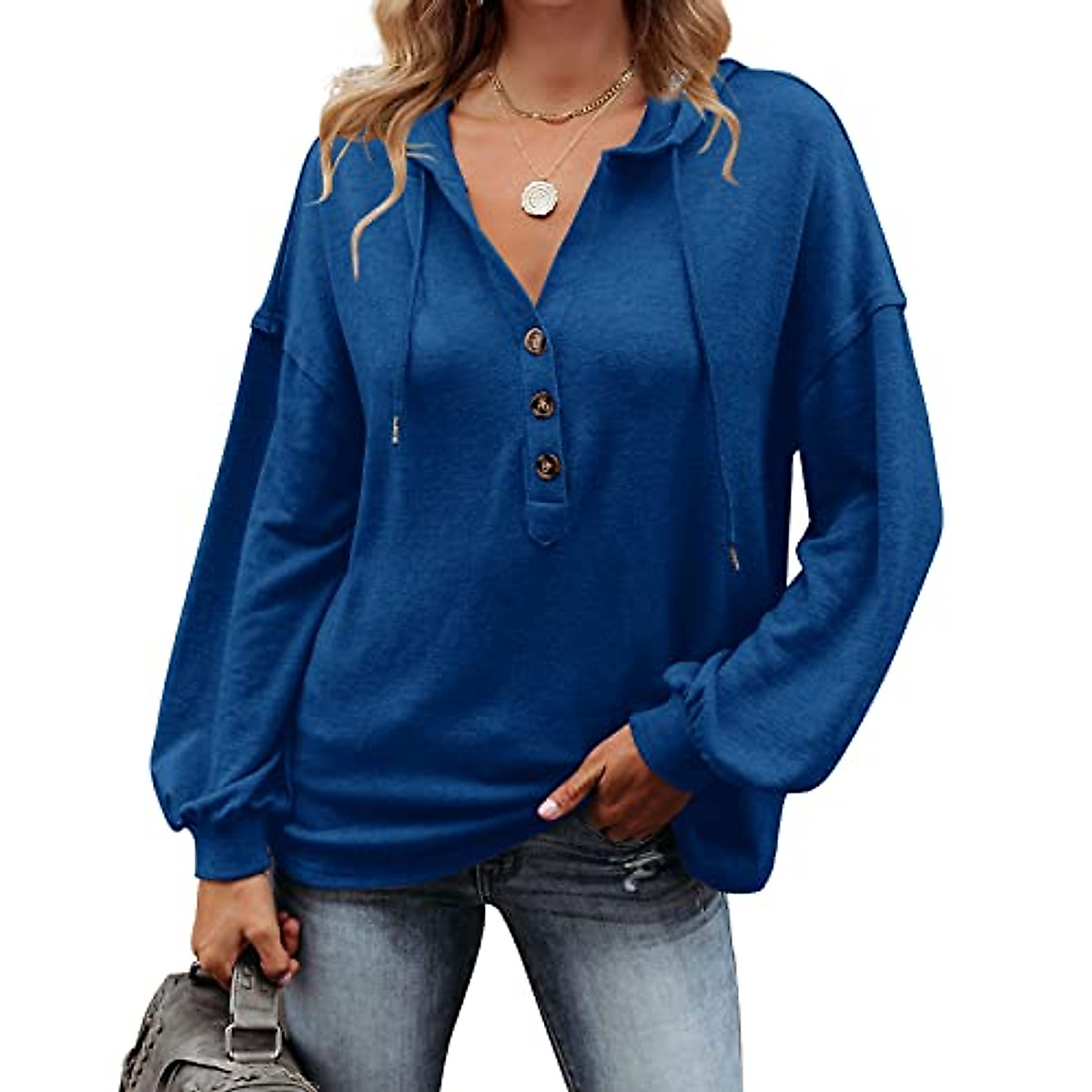 Tutorutor Women's Long Sleeve Deep V Neck Henley Shirts Button Down Drawstring Sweatshirt Hoodies Pullover Tops