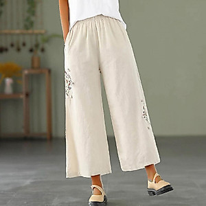 Todays Deals Sale Clearance fold Over Yoga Pants for Women Cotton Linen Pants for Women Embroideried Capri Palazzo Pants Wide-Leg Pants Plus Size Baggy Slacks Trousers Beige 2XL