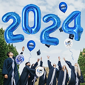 DMIGHT Blue Graduation Party Decorations Class Of 2024 Graduation Party Supplies with Grad Backdrop, Porch Sign with Led-Light Strips, Photo Booth Props,2024 Foil Balloons for Graduation Party