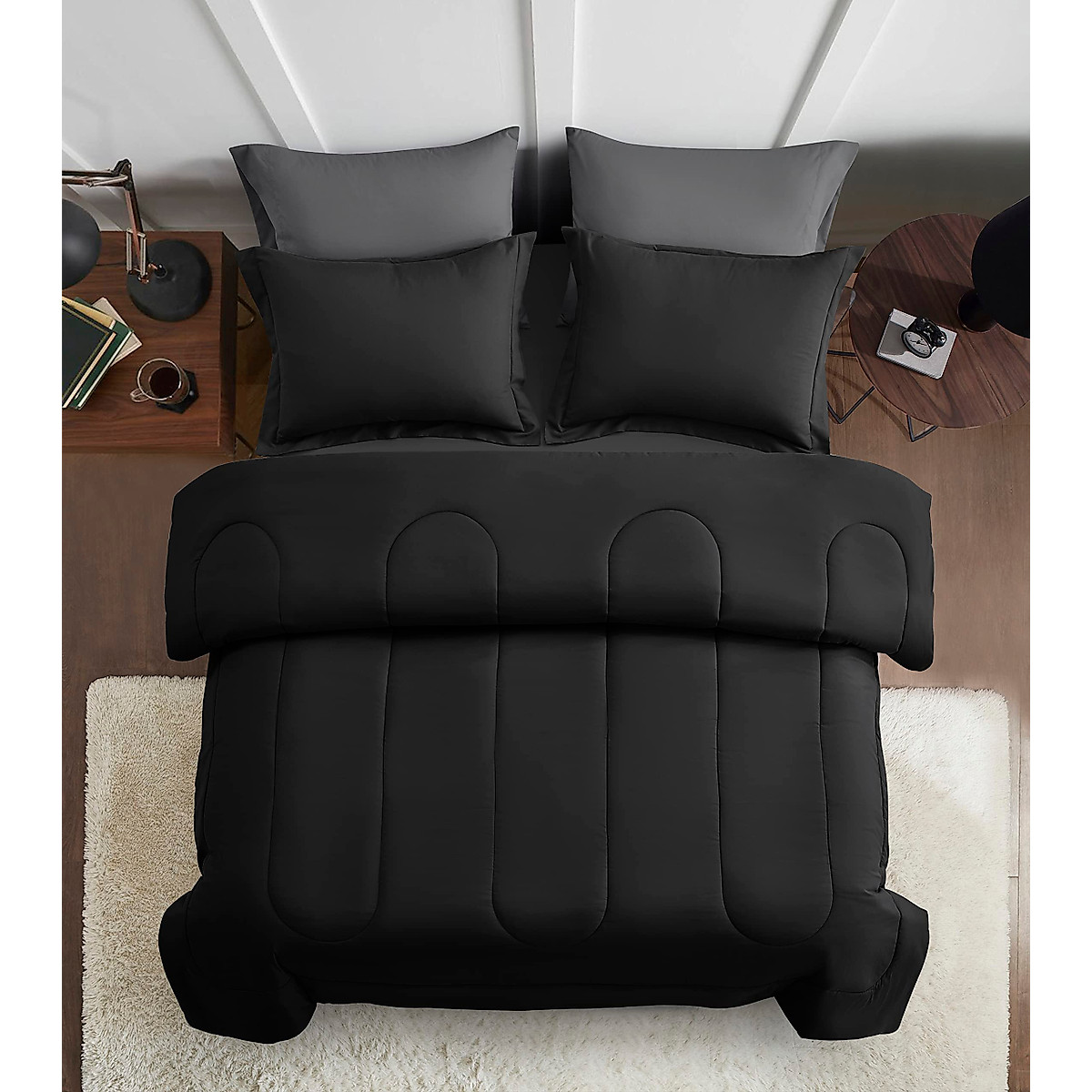 Maple&Stone Queen Size Comforter Set 7 Pieces Bed in a Bag - Down Alternative Bed Set with Sheets, Pillowcases & Shams, Soft Reversible Duvet Insert for Queen Bed, Black