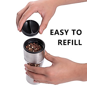 Pepper Grinder, Professional Refillable Pepper Mill with 5 levels Adjustable Coarse Mills, Salt Grinder Stainless Steel Sea Salt &amp; Spice Shakers