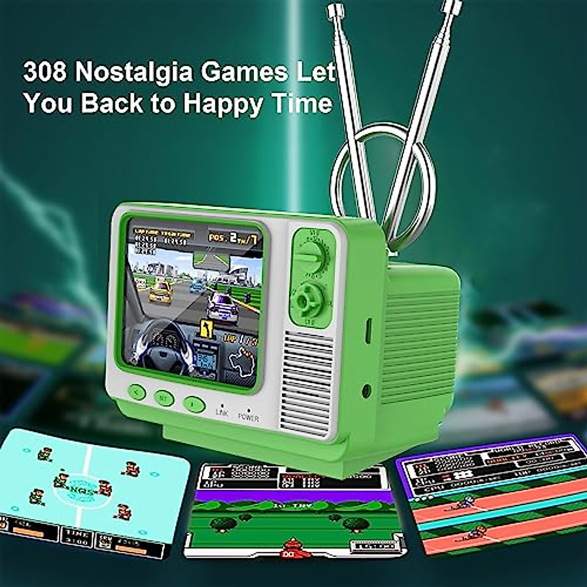 E-MODS GAMING Retro Games Console GV300S Mini TV Style 308 Video Games Player with Handheld Gamepad & AV Output - 3.0 Inch Screen Electronic Games Machine Xmas Gift for Kids Adults (Green)