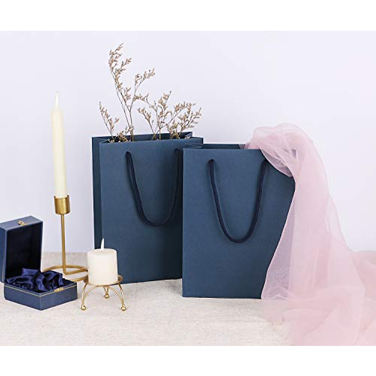 Sdootjewelry Navy Gift Bags, Kraft Paper Gift Bags with Handles, 50 Pack Heavy Duty Matte Tote Paper Bags, 7.5 x 3.1 x 10.2 Shopping Bags, Kraft Bags, Party Bags, Retail Bags for Christmas Business