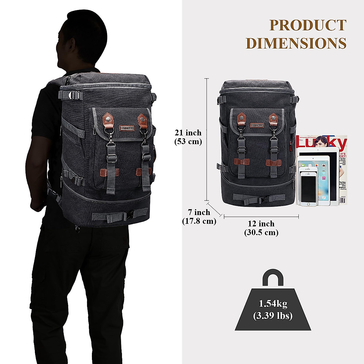 WITZMAN Travel Backpack for Men Women Canvas Backpack Carry on Luggage Rucksack Convertible Duffel Bag Large (A568 Black)