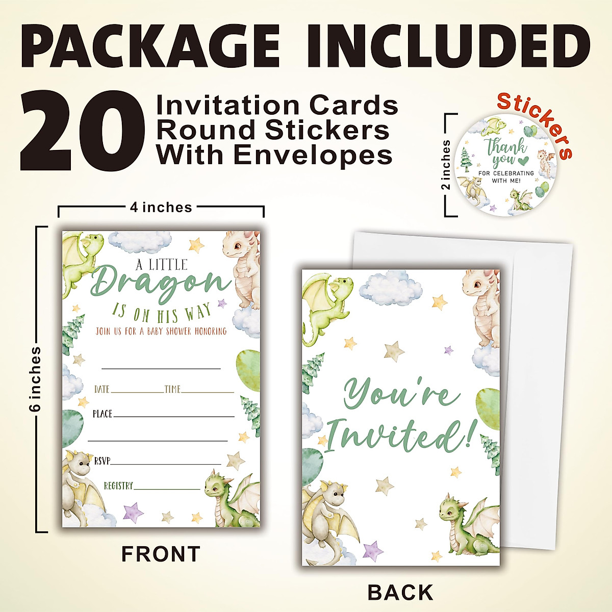 20 Baby Shower Invitations & Thank You Stickers - A Little Dragon Is On His Way, Adorable Dragon Invites, Envelopes & Adhesive Round Stickers, Gender Reveal, Baby Announcement Party Favor (A02)