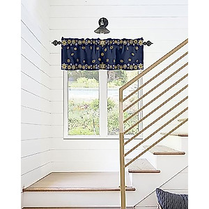 Christmas Day Kitchen Curtain Valance for Window Winter Geometric Snowflake 60x18In Rod Pocket Valances Short Curtains Window Treatment for Living Room Bathroom Bedroom Cafe Decor Gold White on Blue