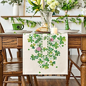 Artoid Mode Shamrocks Flower St. Patrick's Day Table Runner, Seasonal Holiday Kitchen Dining Table Runner for Home Party Decor 13x72 Inch