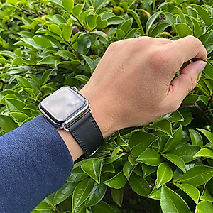 H2N Handmade Full Grain Leather Bands compatible with Apple Watch band 49mm / 45mm / 44mm / 42mm / 41mm / 40mm / 38 mm (38/40/41mm, Black/Navy blue)