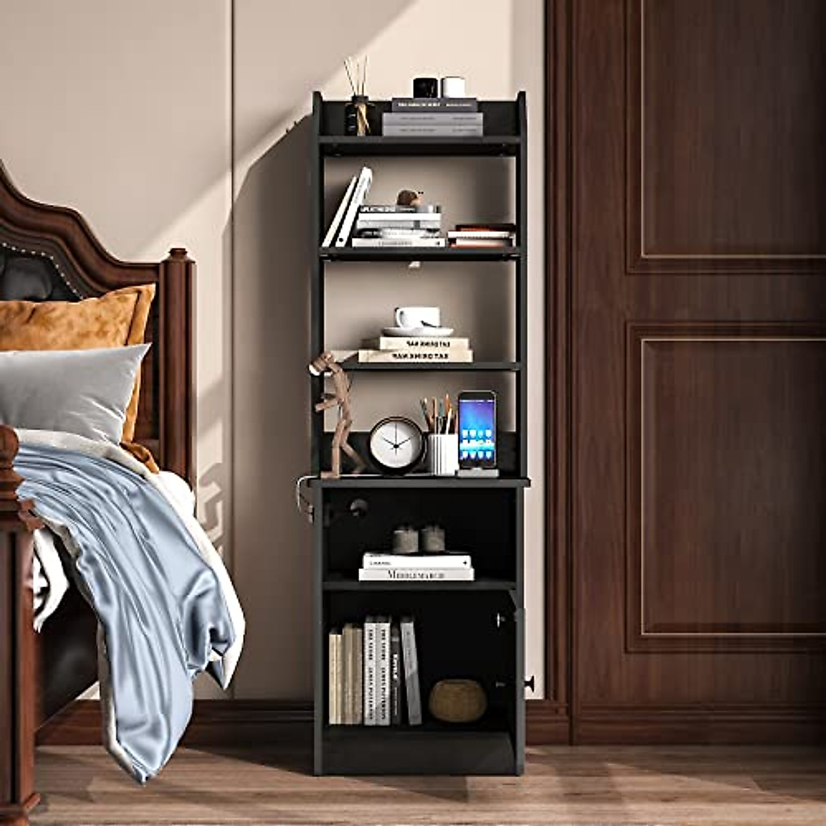Gdvsclr Nightstand with Charging Station, 55.3" Tall Nightstand with Adjustable Shelves, Bedside Tables with Storage Cabinet, End Table for Living Room, Bedroom, Study Room, Home Office