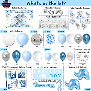 187 pc Premium Elephant Baby Shower Decorations for Boy - Balloon Garland Arch, Balloons Boxes, Baby Boy Banner, It's a Boy Backdrop, Mommy to Be Sash, Tablecloth, Elephant Cutouts and more