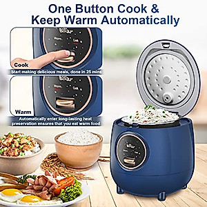 Bear Mini Rice Cooker 2 Cups Uncooked, 1.2L Portable Non-Stick Small Travel Rice Cooker, One Button to Cook and Keep Warm Function, Blue