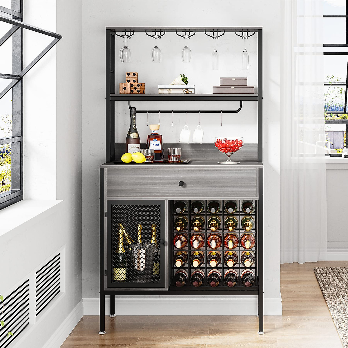 Tribesigns 64" Wine Rack, 5-Tier Wine Bar Cabinet with 6 Hooks, 32-Bottles Large Capacity Liquor Cabinet with Wine Bottle Holders, Wine Bar for Kitchen, Dining/Living Room, Wine Cellar, Retro Grey