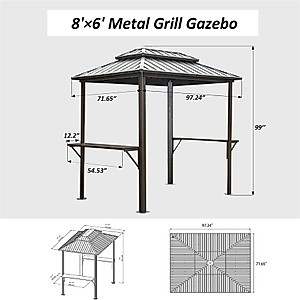 8'X6' Grill Gazebo Hardtop, Steel Grill Gazebo with Two Shelves Serving Tables, Permanent Double Roof Hard Top Gazebo, Heavy Duty Aluminum BBQ Gazebo for Patio, Deck, Backyard and Garden (Brown)