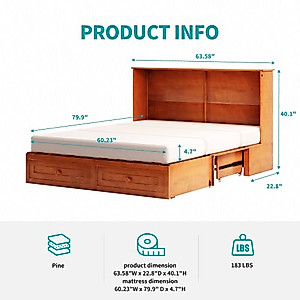 Mjkone Muti-Functional Queen Size Cube Cabinet Bed,Queen Size Horizoned Murphy Cabinet Chest Bed with USB Charging Station&Large Drawers&Trifold Mattress for Living Room/Apartment/Loft(Russet Brown)