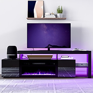 Cozy Castle Extra Long 73.2" Fireplace TV Stand up to 85" TV, High Gloss Entertainment Center with 30" Electric Fireplace, LED Lights and 2 Storage Cabinets, Modern Media Console with Charging Station