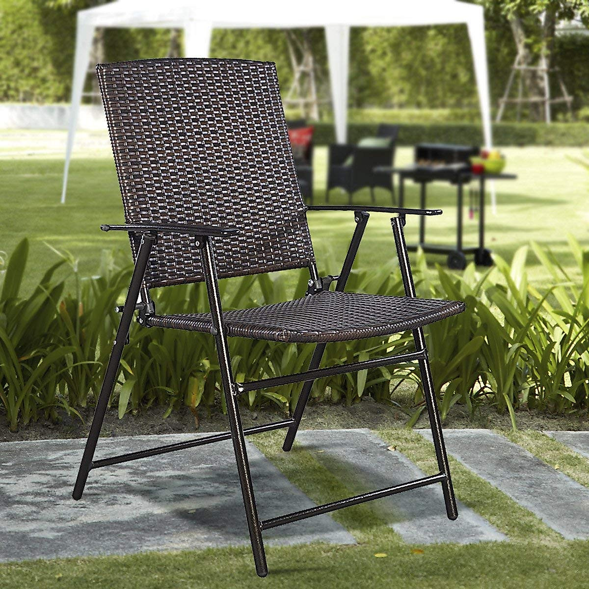 COSTWAY P 4 PCS Folding Patio Outdoor Pool Lawn Portable Wicker Armrest & Footrest Durable Rattan Steel Frame Commercial Foldable Stackable Party Wedding Chair Set (24X23X, Mix Brown