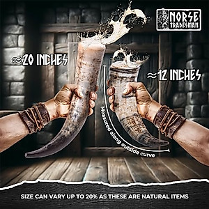 Norse Tradesman Genuine 20" Ox-Horn Viking Drinking Horn with Antique Brass Rim & Wolf Tip, Fitted Horn Stand & Burlap Gift Sack - The Fenrir, 20-Inches, Low Polish