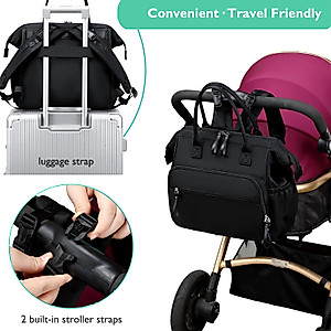 LORADI Convertible Diaper Bag Tote, Wide Open Top 14 Pockets Nappy Backpack with Stroller Clips, Water-resistant (Nylon, Black)
