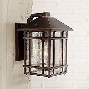 kathy ireland Sierra Craftsman Art Deco Outdoor Wall Light Fixture Rubbed Bronze Brown Steel 11" Frosted Seeded Glass Panels for Exterior House Porch Patio Outside Deck Garage Front Door Home