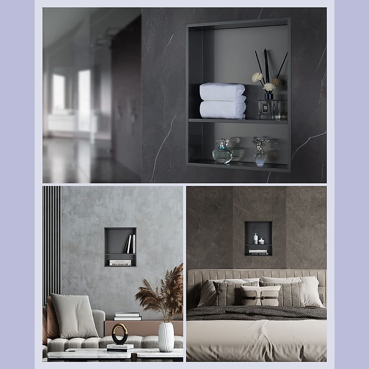 NAVNKA Shower Niche, 16"x20" No Tile Needed, The Insert Storage Rectangle Double Shower Shelf is Easy to Install, Stainless Steel, Black Grey