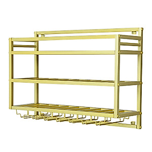 Modern 3-Tier Wall-Mounted Wine Rack, 20 Bottles and Glass Holder, Metal Wine Storage Rack Organizer, Wine Display Shelf for Home Kitchen Bar Restaurant (L: 31.5'', Gold)