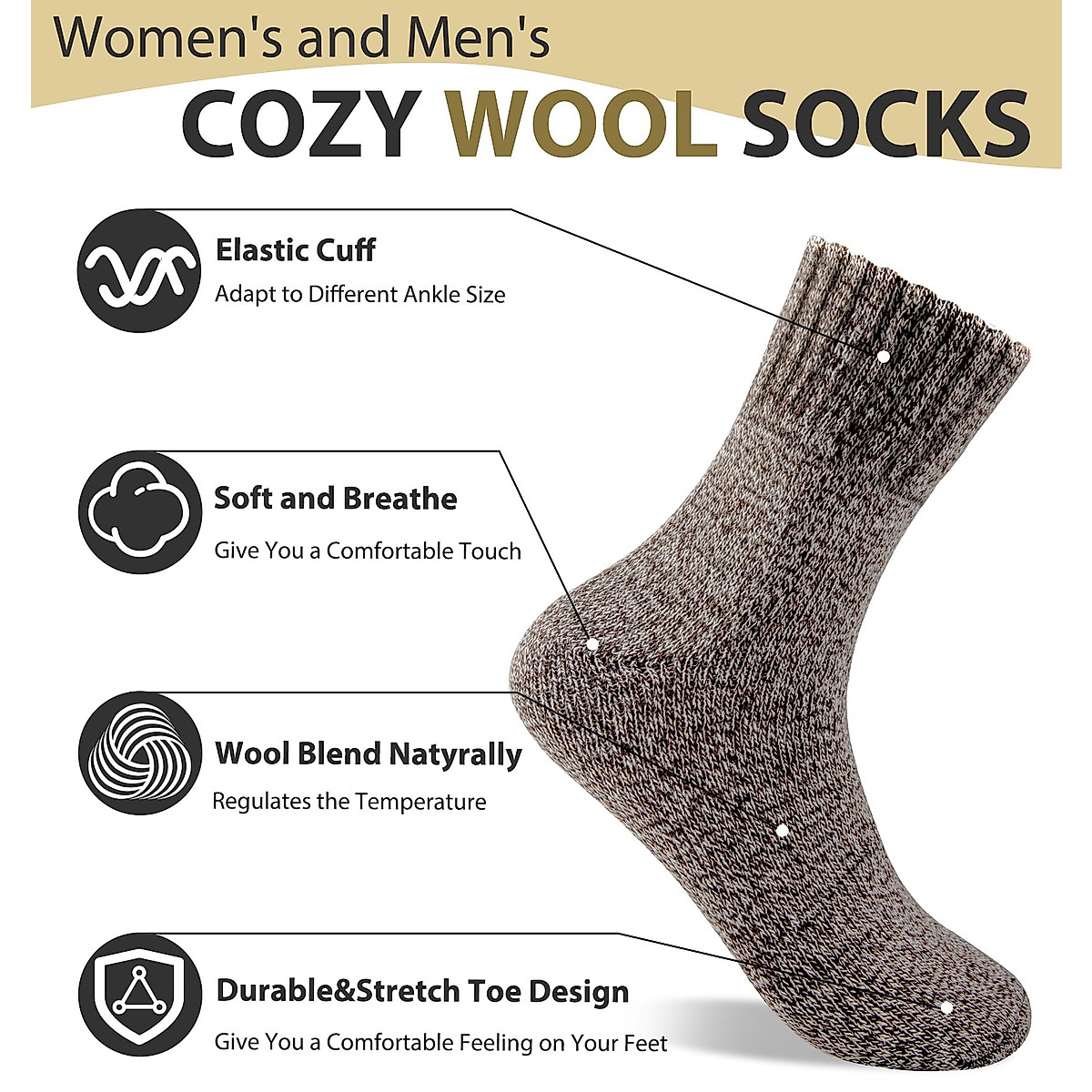 YSense 5 Pairs Women's Wool Socks - Thick Knit Warm Winter Socks; Cozy & Comfy Gifts