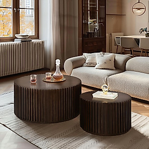 Round Wood Coffee Table Set of 2, Handcraft Drum Side Table End Table for Living Room, Modern Circle Wooden End Table Set for Small Space, No Need Assembly(Deep Brown,31x31x16 in)