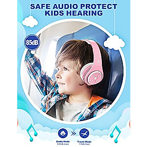 Woice Kids Bluetooth Headphones 85db/110db Volume Limit Wireless/Wired Aux Port Foldable Noise Protection Over-Ear Build-in Mic Headphones for Kids Adults Travel School Phone Pad Tablet PC Pink