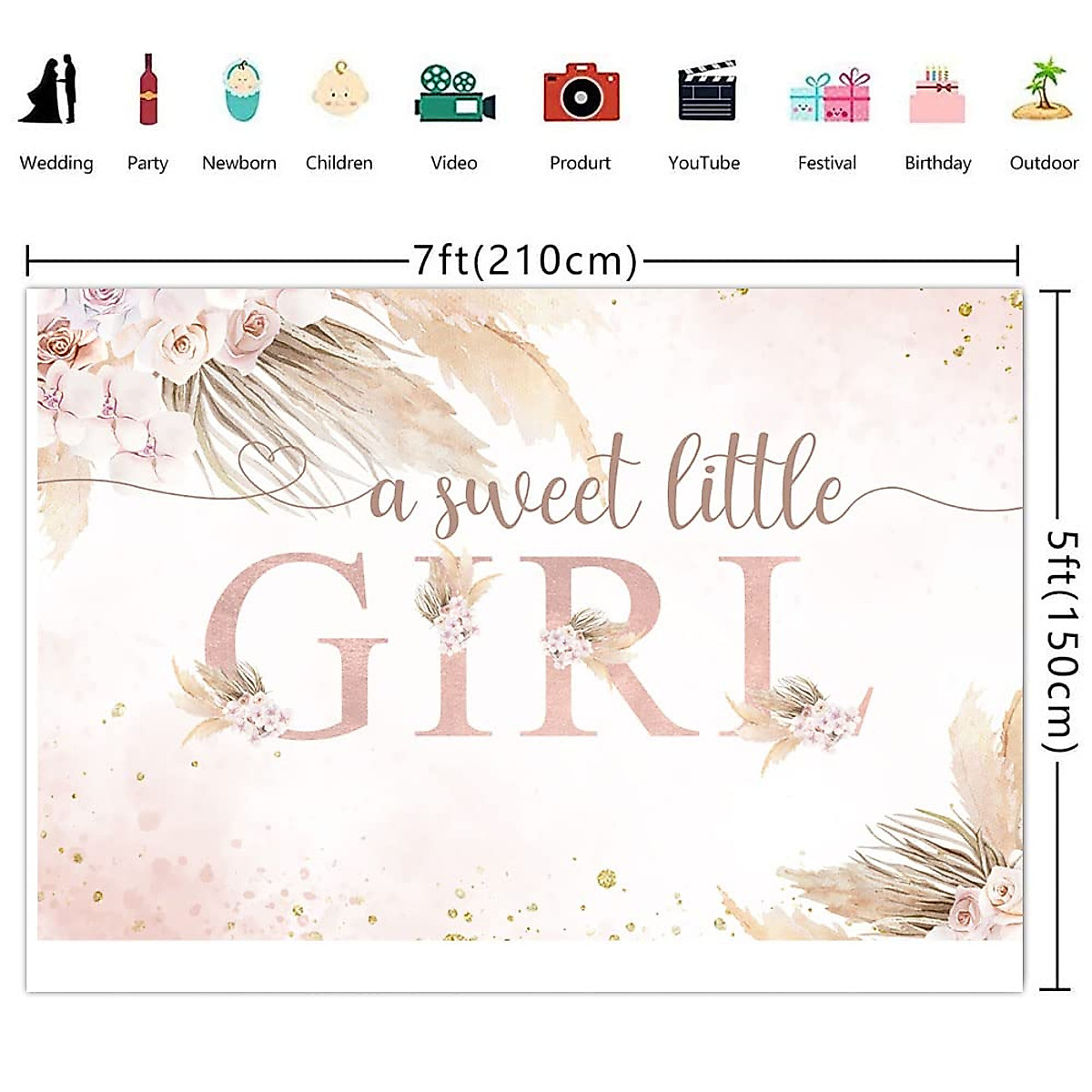 Ticuenicoa 7x5ft Boho Pampas Girls Baby Shower Backdrop A Sweet Little Girl Is On The Way Baby Shower Party Banner Wall Decorations Boho Pink Floral Glitter Dots Girls Baby Shower Background