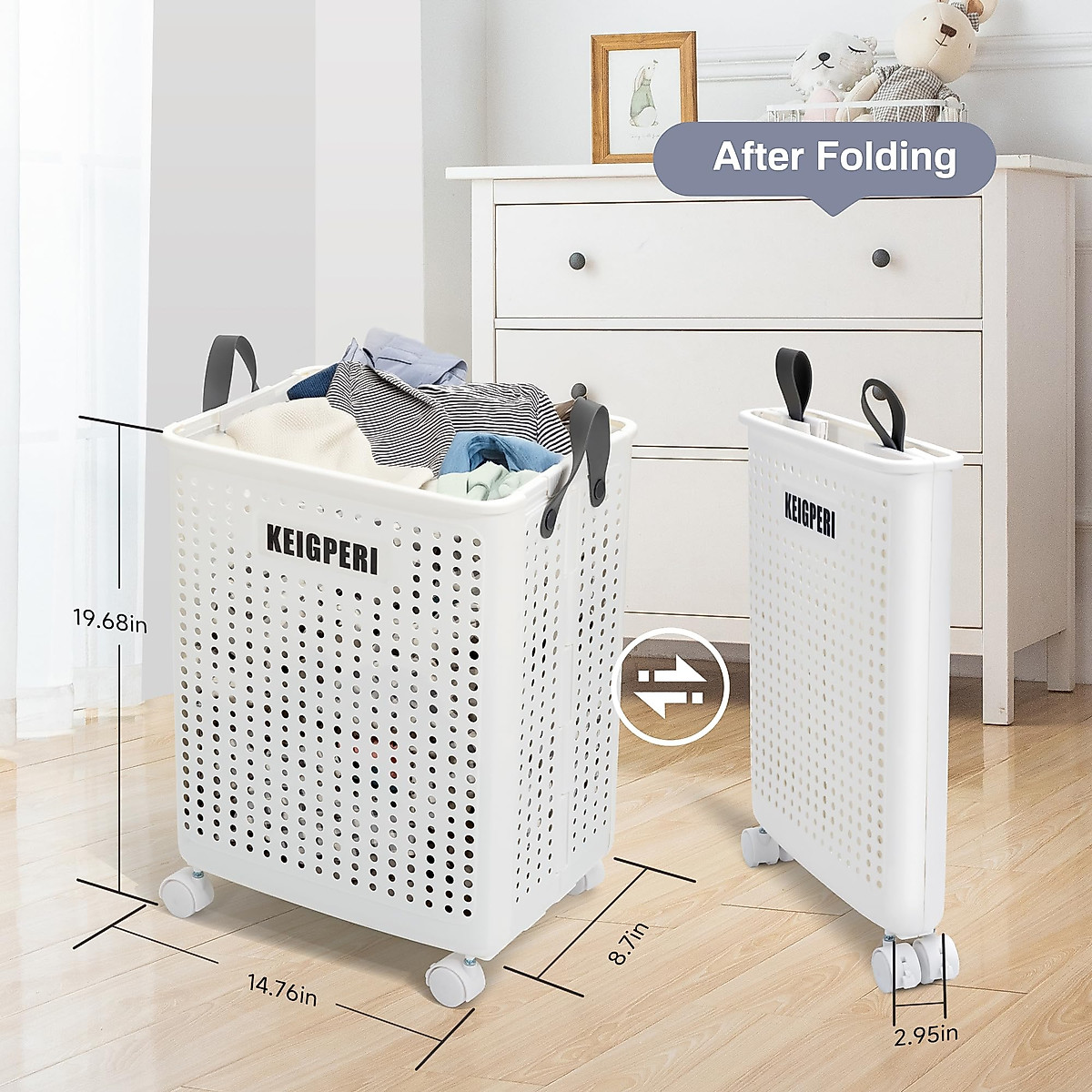 KEIGPERIcollapsible laundry baskets,laundry basket with wheels,foldable laundry basket,With wheels and handles, it is easy to move and can be folded to save space. (White, large)