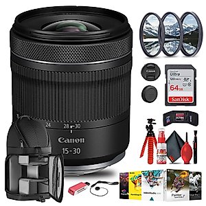 Canon RF 15-30mm f/4.5-6.3 is STM Lens with 64GB Extreme Pro Card + Corel Photo Software + Flexible Tripod + Filter kit + Card Wallet + Backpack + Cleaning Kit + Card Reader + Cap Keeper (Renewed)