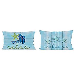 ITFRO Set of 2 Sister Gift Hello Summer Sea Starfish Flip Flops Welcome Relax Vintage Retro Wood Texture Lumbar Burlap Throw Pillow Case Cushion Cover Home Sofa Decorative Rectangle 12X20 Inches