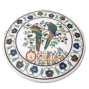Marble Round 48" Dining Table Top Floral Bird Inlay Floral Design Outdoor Decor