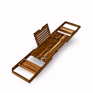 Wood Bathtub Tray, Expandable Wooden Bath Tray for Tub with Wine and Book Holder, Solid Bathroom Caddy
