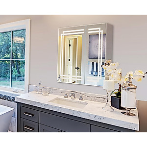 Chende 30" H x 32" W Bathroom Medicine Cabinet Mirror and Lights, Lighted Medicine Cabinet with 2 Sockets and Inside Lights, Stainless Steel LED Cabinet