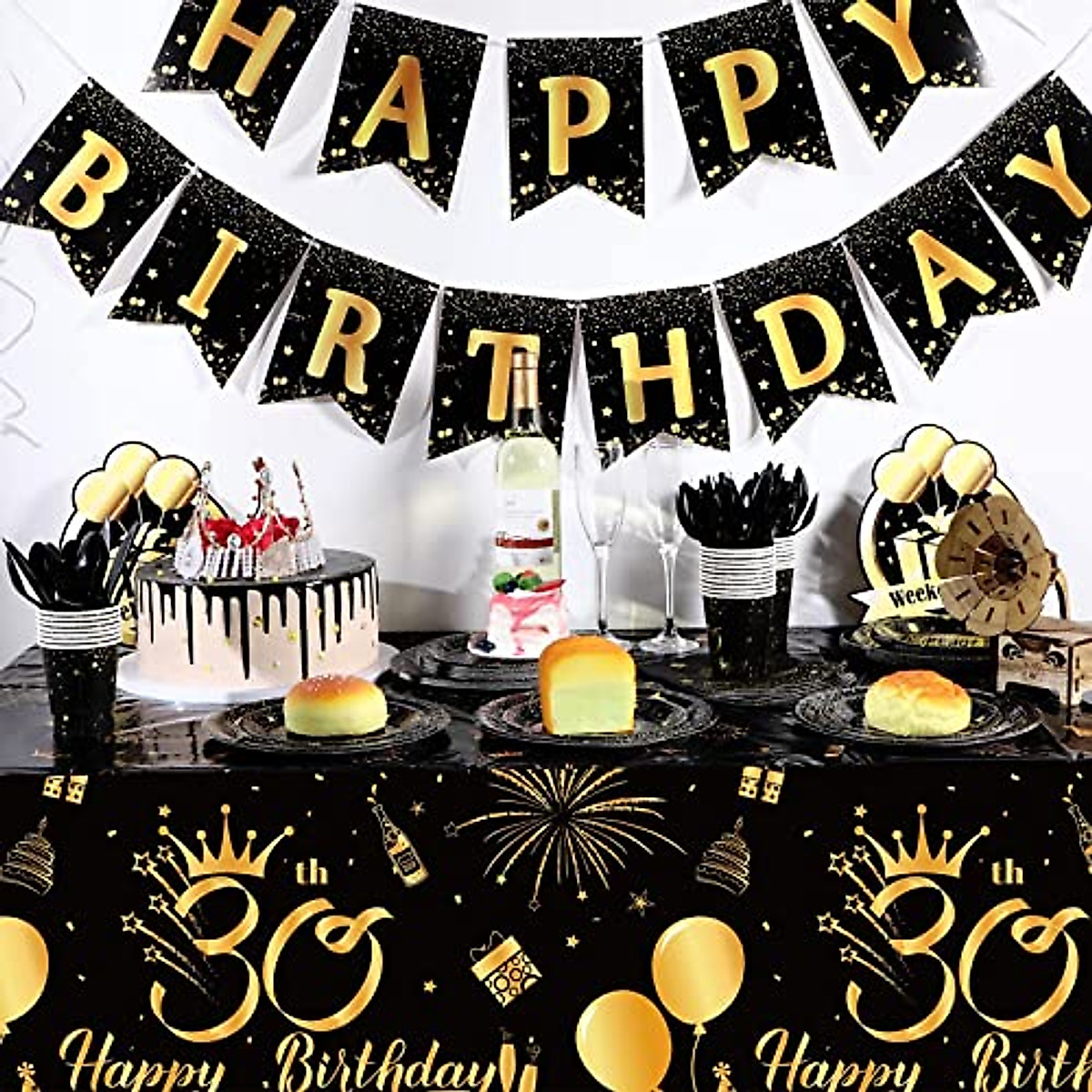 3 Pack 30th Happy Birthday Tablecloth Disposable Plastic 30th Birthday Table Cover Rectangular Black and Gold Table Cloths for Parties Decoration Supply for Men Women Birthday, 54 x 108 Inch(30th)