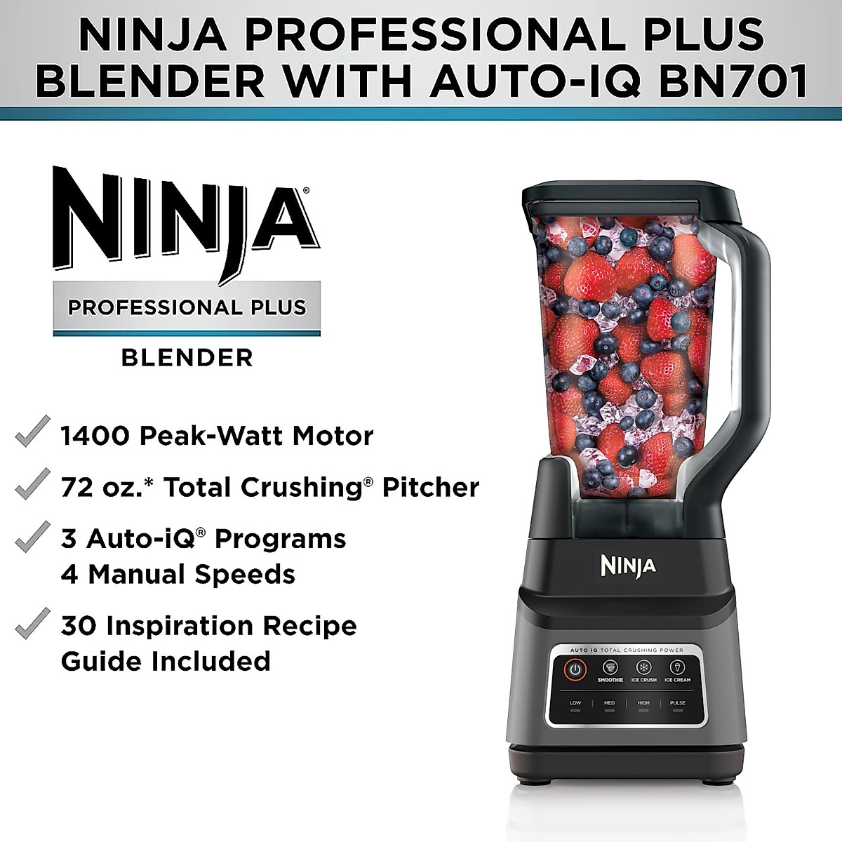 Ninja BN701 Professional Plus Bender, 1400 Peak Watts, 3 Functions for Smoothies, Frozen Drinks & Ice Cream with Auto IQ, 72-oz.* Total Crushing Pitcher & Lid, Dark Grey