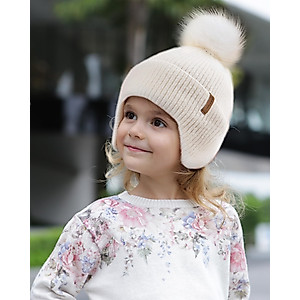Toddler Baby Winter Hat Warm Fleece Lined Knit Kids Hat with Earflap Infant Newborn Pom Pom Beanie Knit Cap Girls Boys