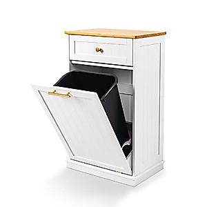 VINGLI Tilt Out Trash Cabinet with Drawer and Cutting Board, 10 Gallon Hidden Trash Can Cabinet, Freestanding or Rolling Garbage Can Cabinet for Kitchen, Living Room, Dinning Room, White Wood