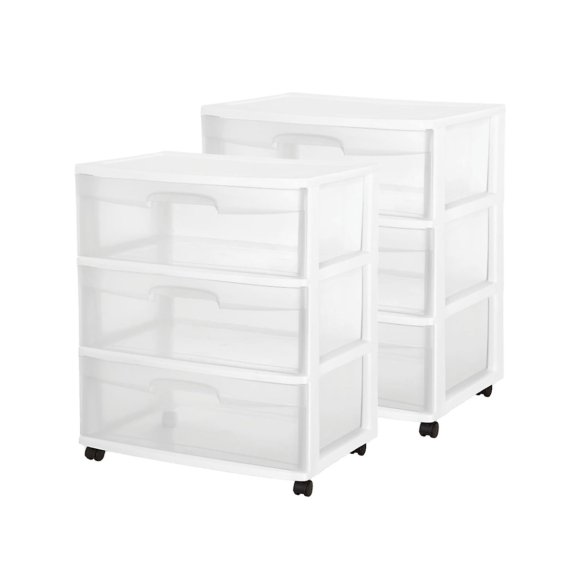 Sterilite 29308001 Home 3 Drawer Wide Storage Cart Portable Clear Container with Adjustable Casters for Home Organization and Storage, (2 Pack)