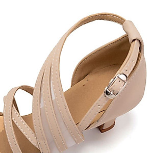 JUODVMP Women's Mesh Stitched Ultrasuede Open Toe Slanted Ankle Strap Ballroom Latin Salsa Performence Shoes Model FT027,3 inches Heel,Beige,8.5 US
